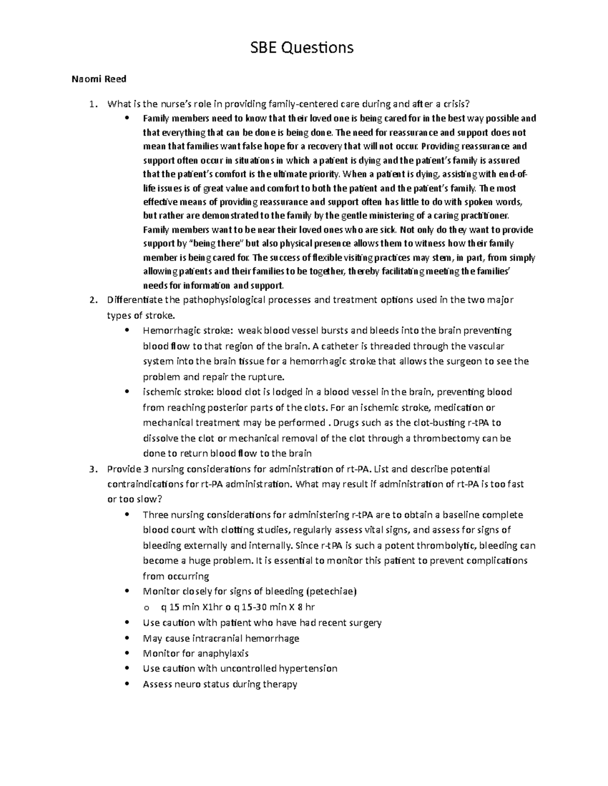 Simulation Based Experience-Naomi Reed Questions - SBE Questions Naomi ...