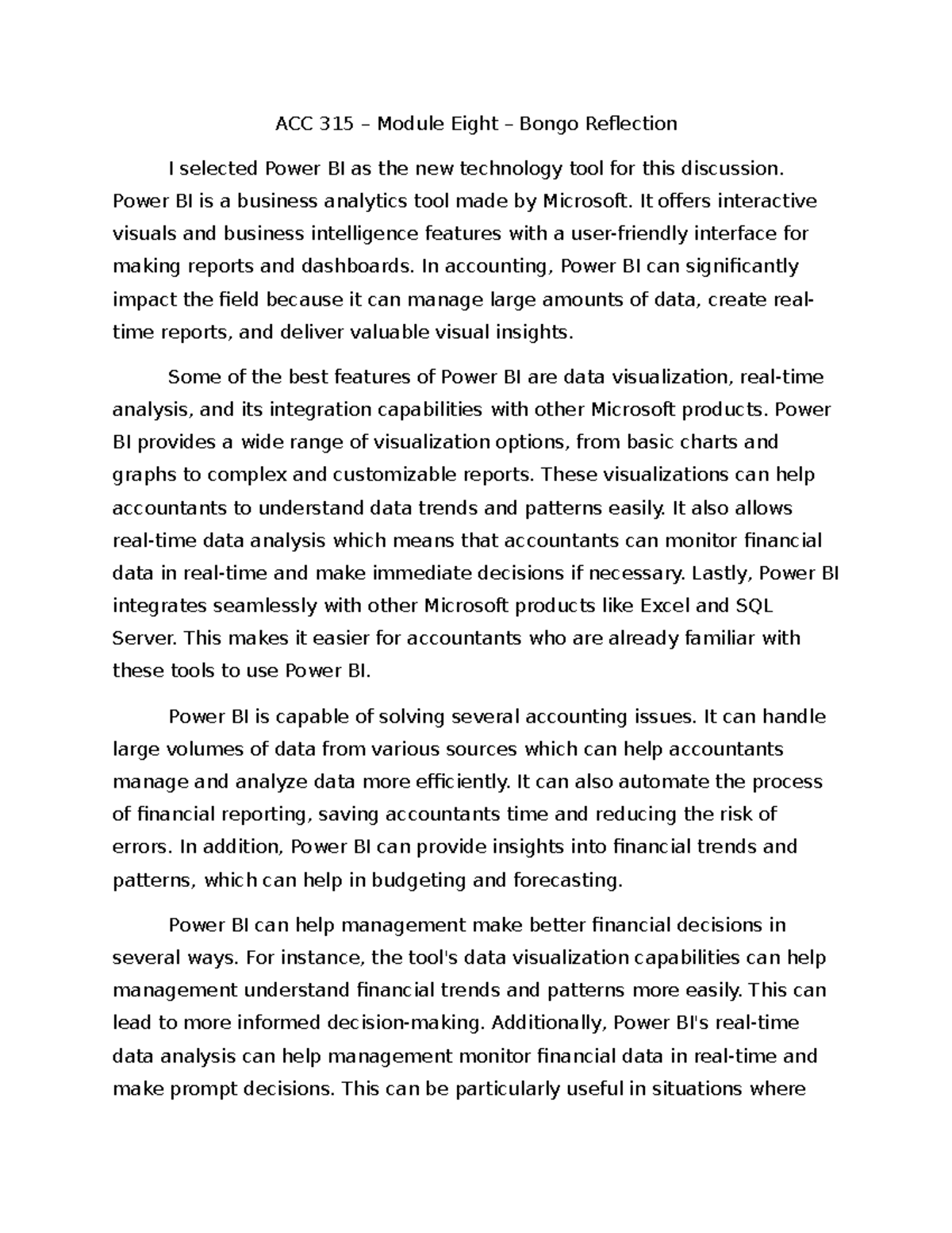 ACC 315 Module 8 Bongo - ACC 315 – Module Eight – Bongo Reflection I ...