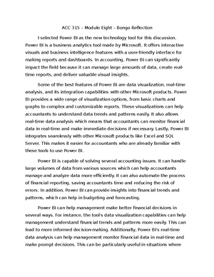 ACC 315 Module 5 Bongo Reflection - Data Storage and Analysis April Luman Southern New Hampshire ...