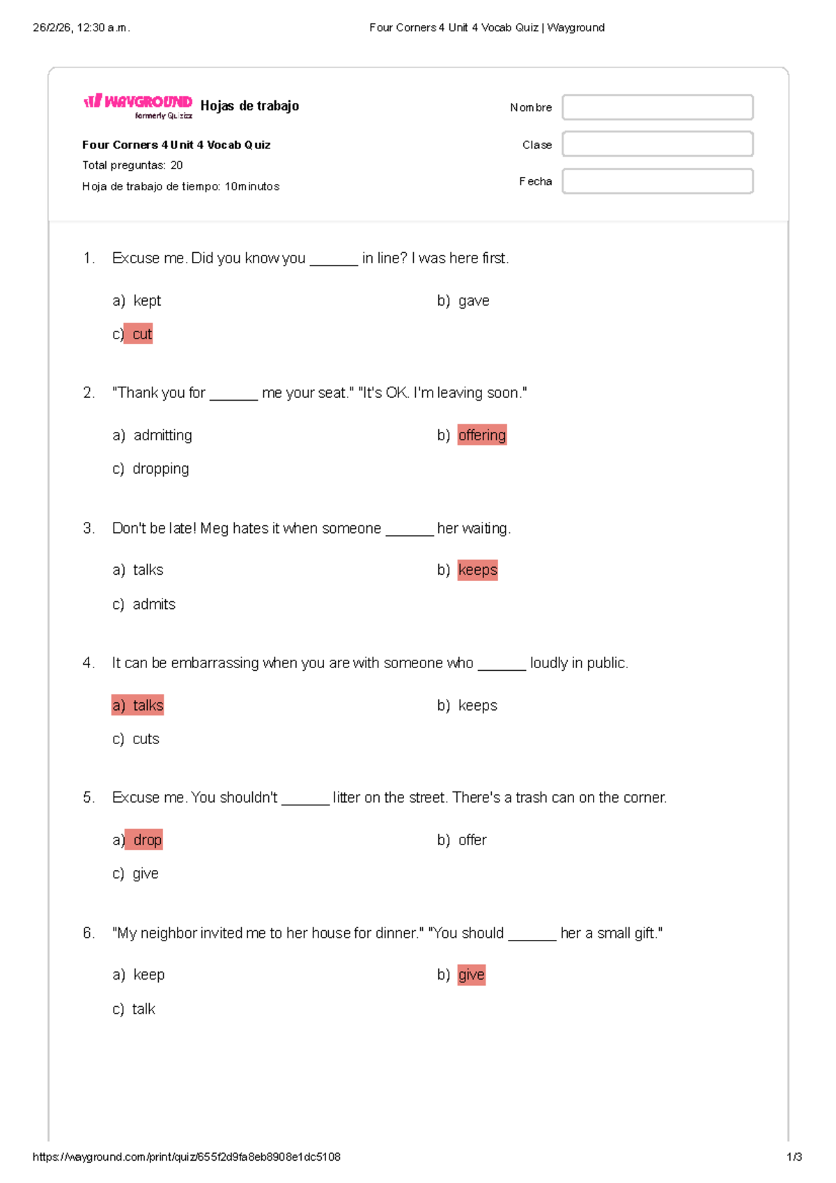 Four Corners 4 Unit 4 Vocabulary Quiz - 20 Questions - Studocu