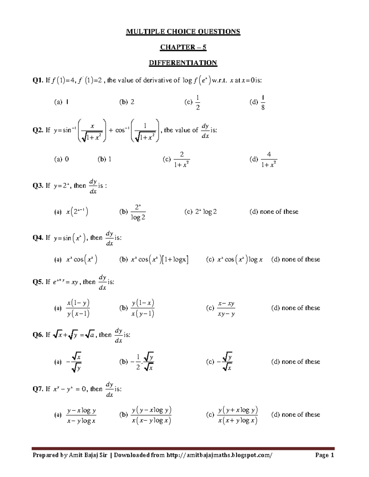 Ch 5: Differentiation MCQs with Answers for Final Exam Prep - Studocu