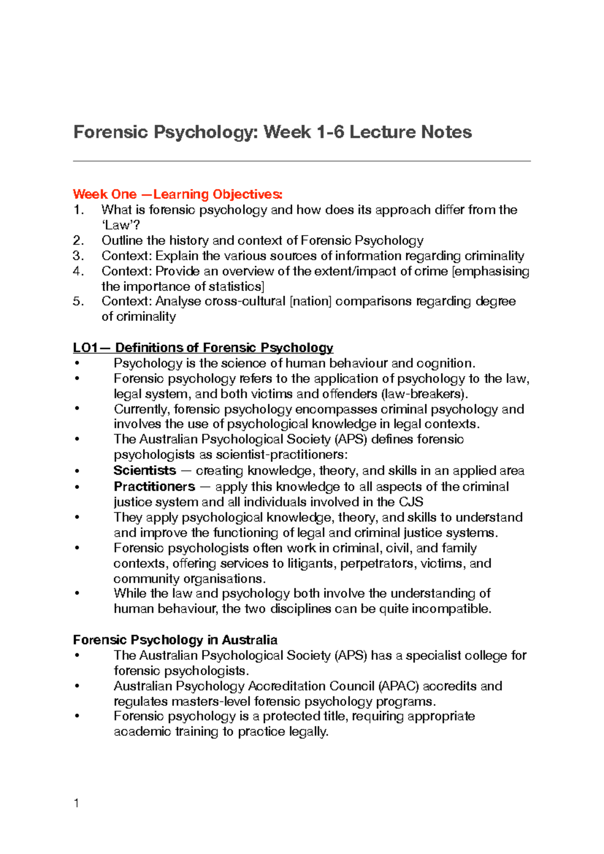 Forensic Psychology: Week 1-6 Lecture Notes Overview and Key Concepts ...