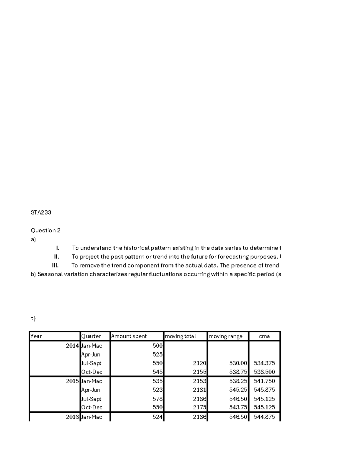 STA233 June 2019 Question 2: Time Series Analysis & Forecasting - Studocu