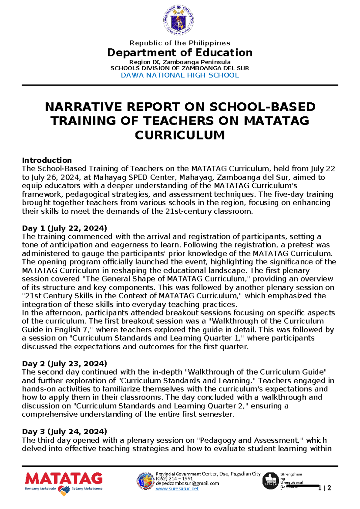 Narrative Report on SBTT - MATATAG Curriculum Training 2024 - Studocu