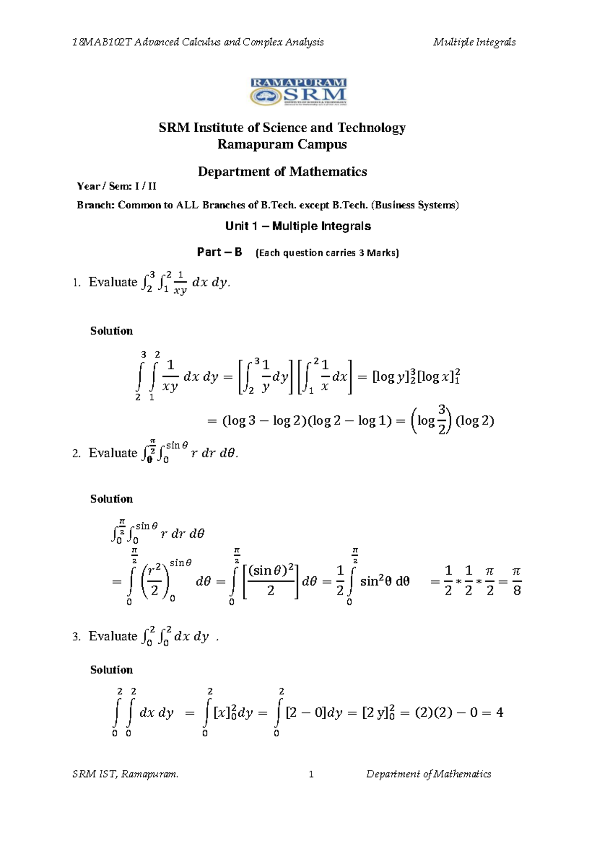 18MAB102T Advanced Calculus & Complex Analysis: Multiple Integrals ...