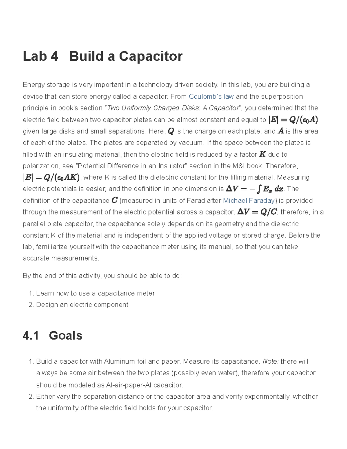 Lab 4: Building a Capacitor - PHYS 152 Laboratory Manual (2022) - Studocu