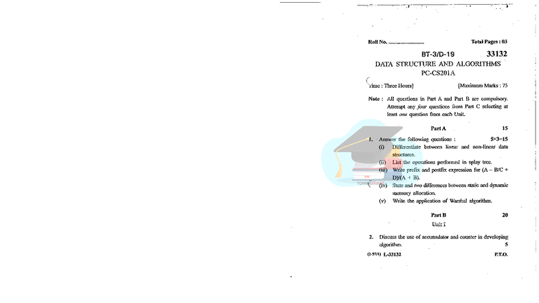 DAA 2019 KUK CSE 3RD SEM - Data Structures & Algorithms Exam Guide - Studocu