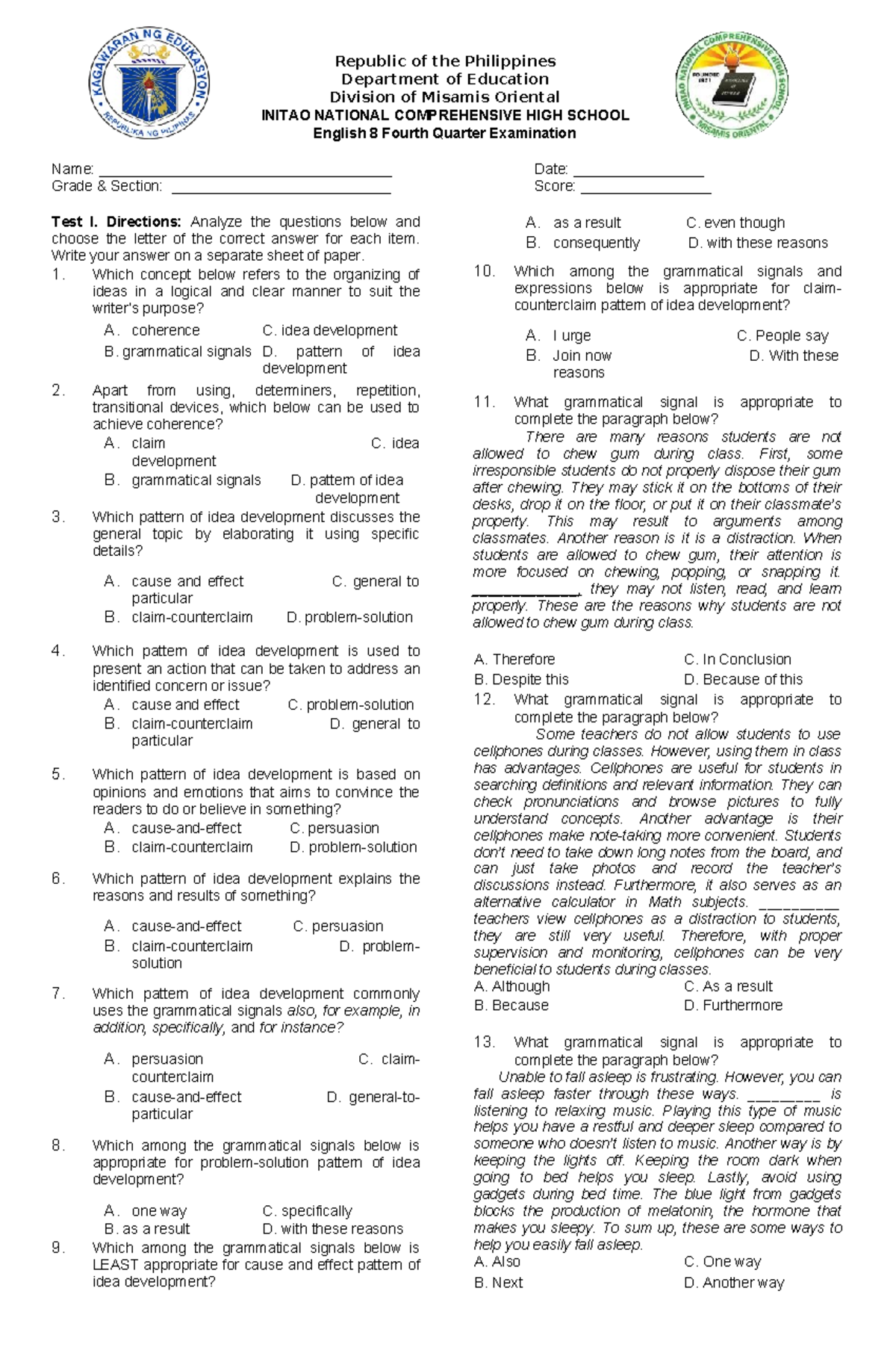 SEMI- Final EXAM - VDGRTHJNT - Republic of the Philippines Department ...