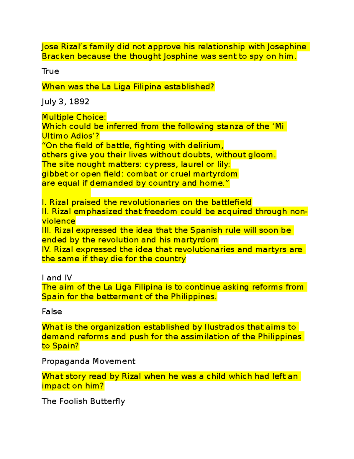 Jose Rizal's Life & Works Final Exam Answer Key (Course Code: Rizal101 ...