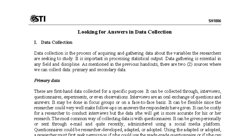 SH1806 Data Collection & Organization: Primary & Secondary Sources ...