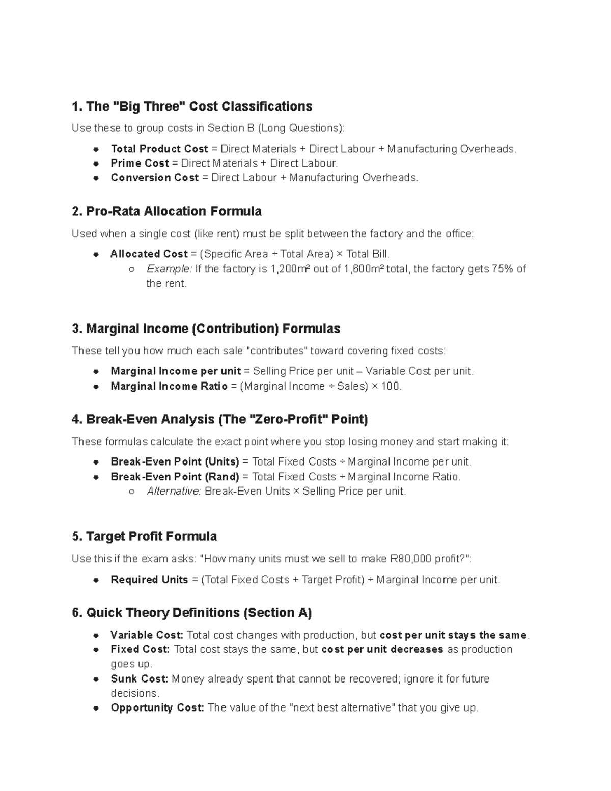 Cheat Sheet: MOD 1 Cost Classifications & Formulas - Studocu
