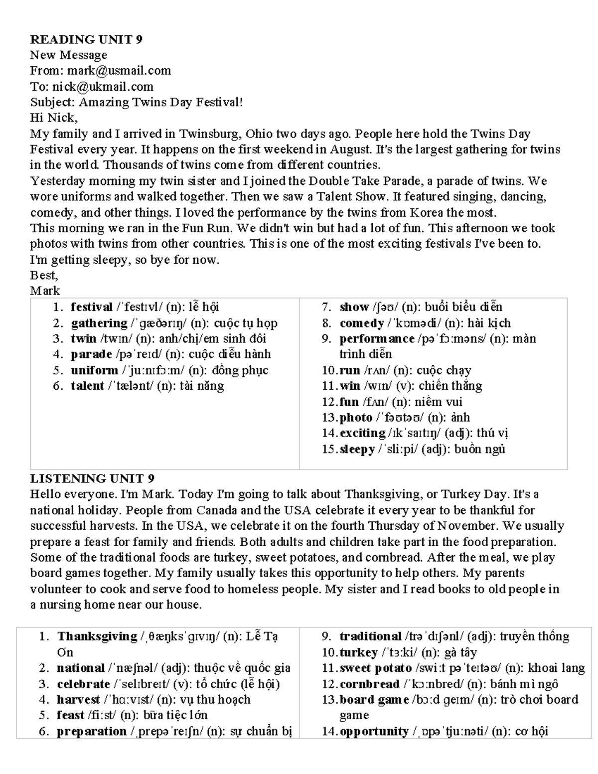 Skill UNIT 9: Exploring the Twins Day Festival and Thanksgiving - Studocu