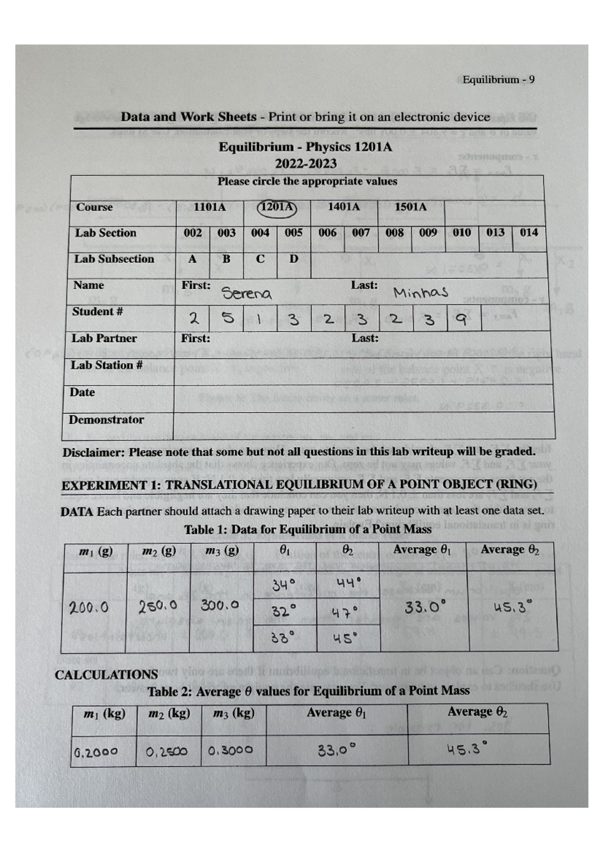 Physics Equilibrium Lab Report - Studocu