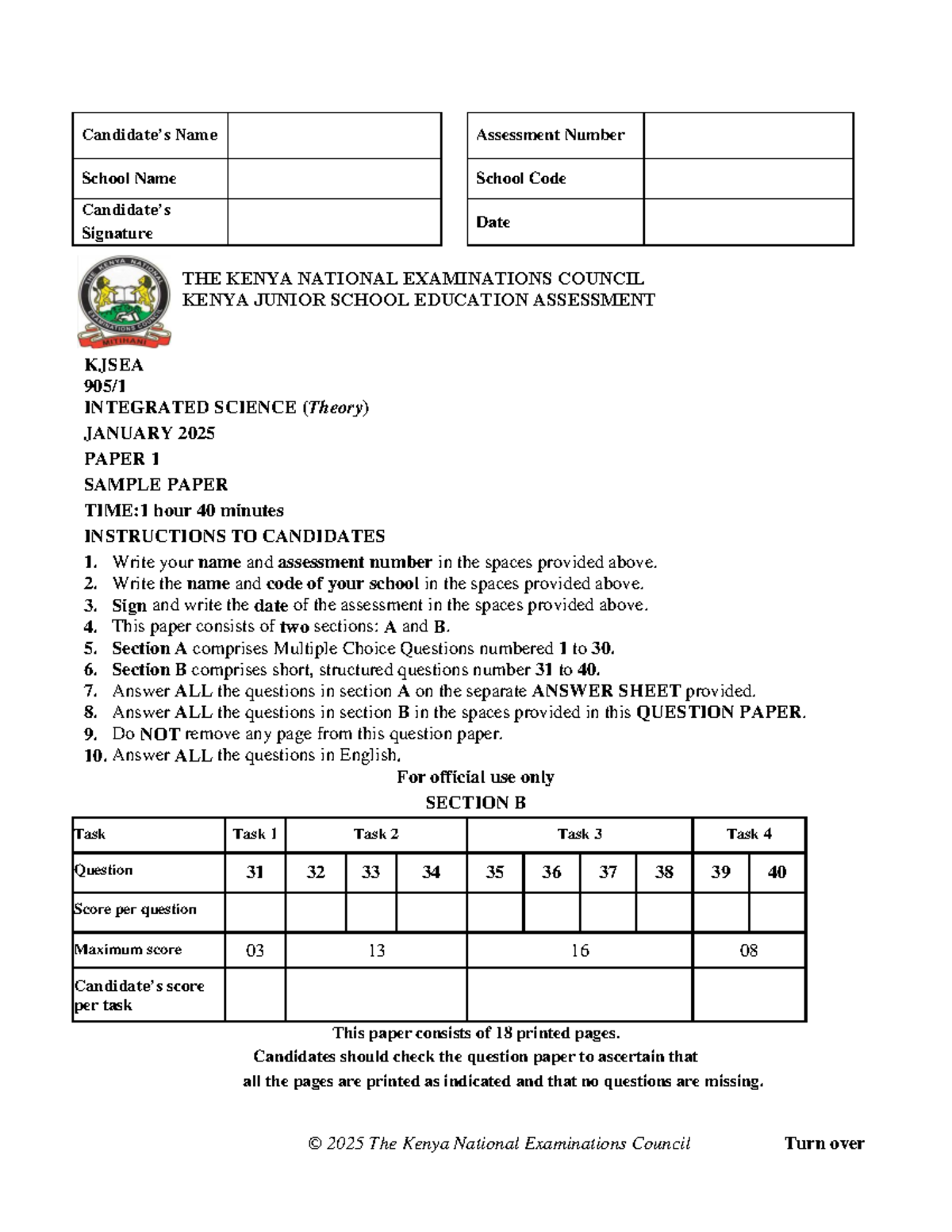 KJSEA 905/2025 Integrated Science Paper 1 - Sample Questions & Answers ...