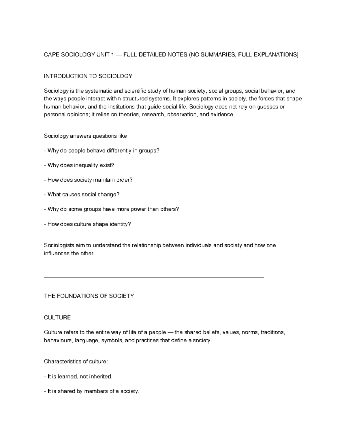 CAPE SOCIOLOGY UNIT 1 DETAILED NOTES: INTRODUCTION TO SOCIOLOGY - Studocu
