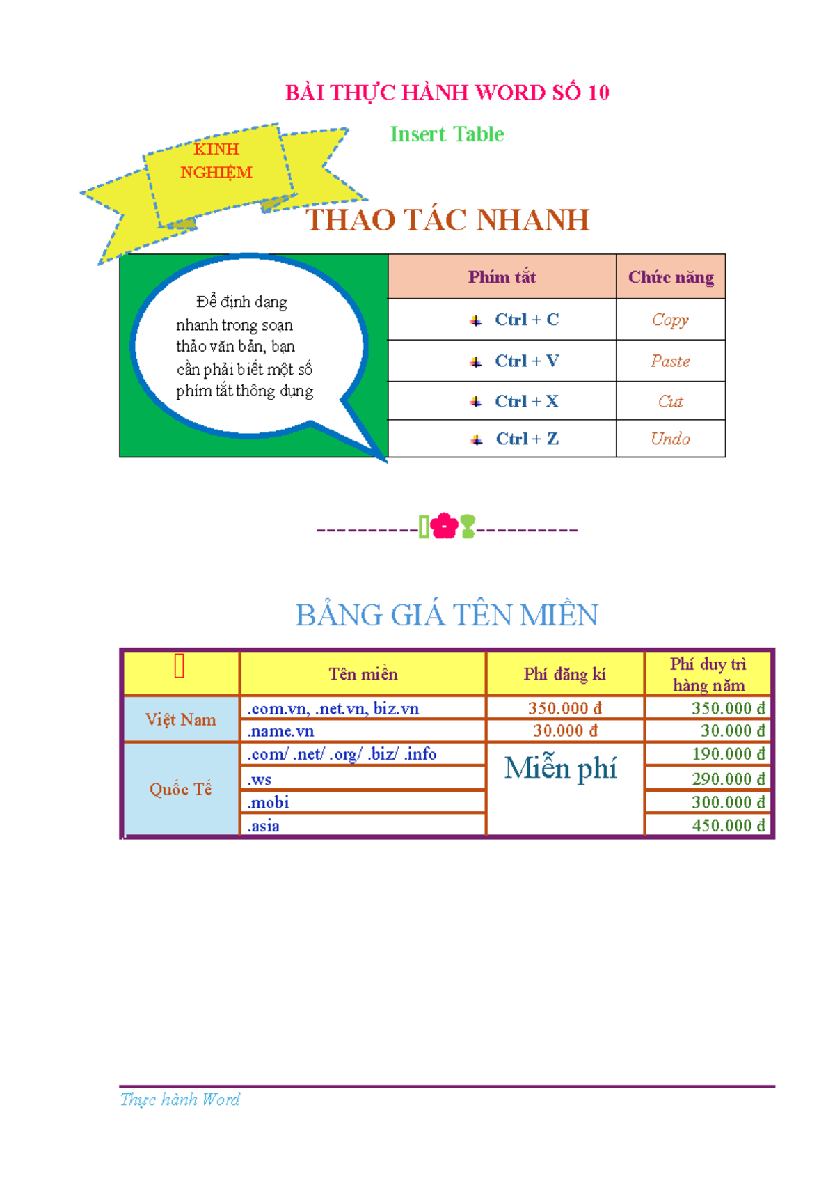 BÀI THỰC HÀNH WORD SỐ 10: Hướng Dẫn Chèn Bảng và Phím Tắt - Studocu