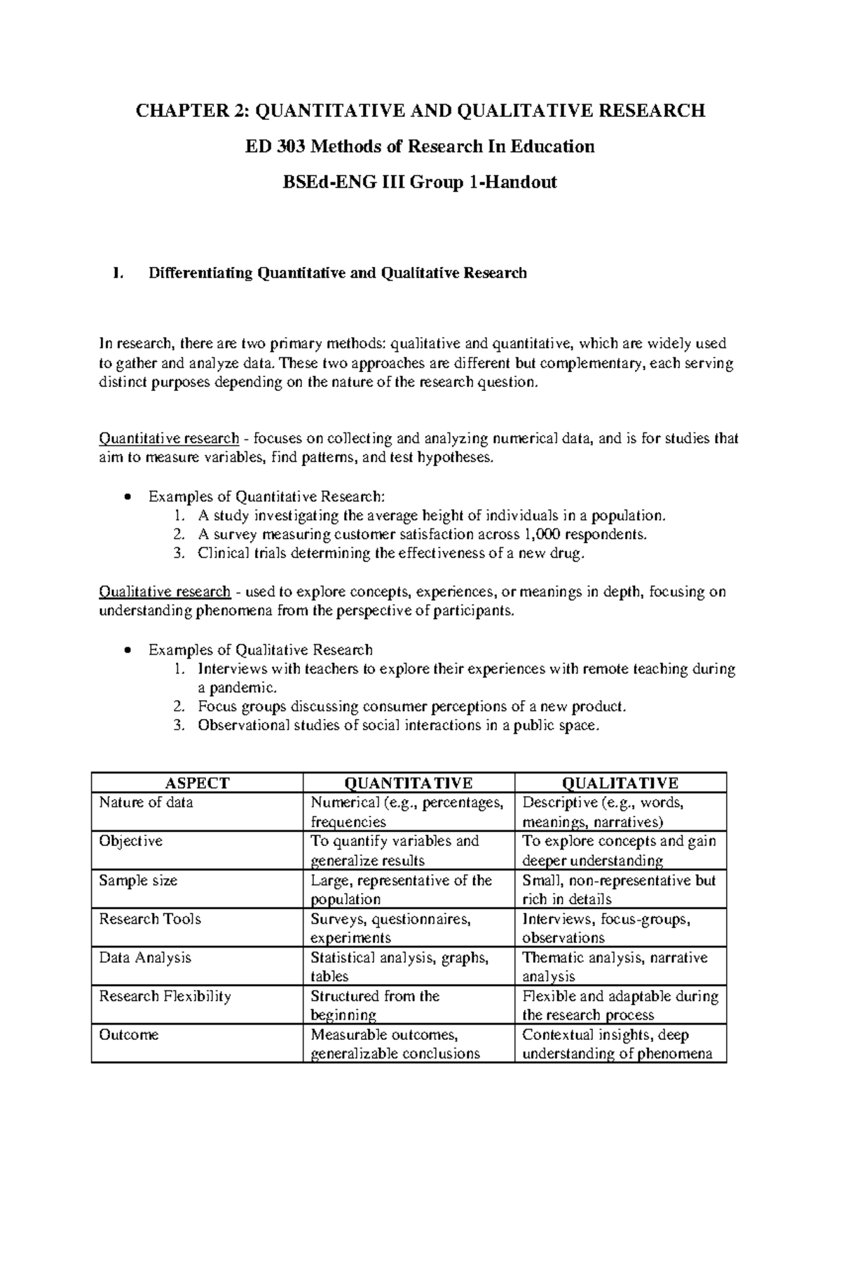 ED 303 Lecture Notes: Quantitative vs. Qualitative Research Methods ...