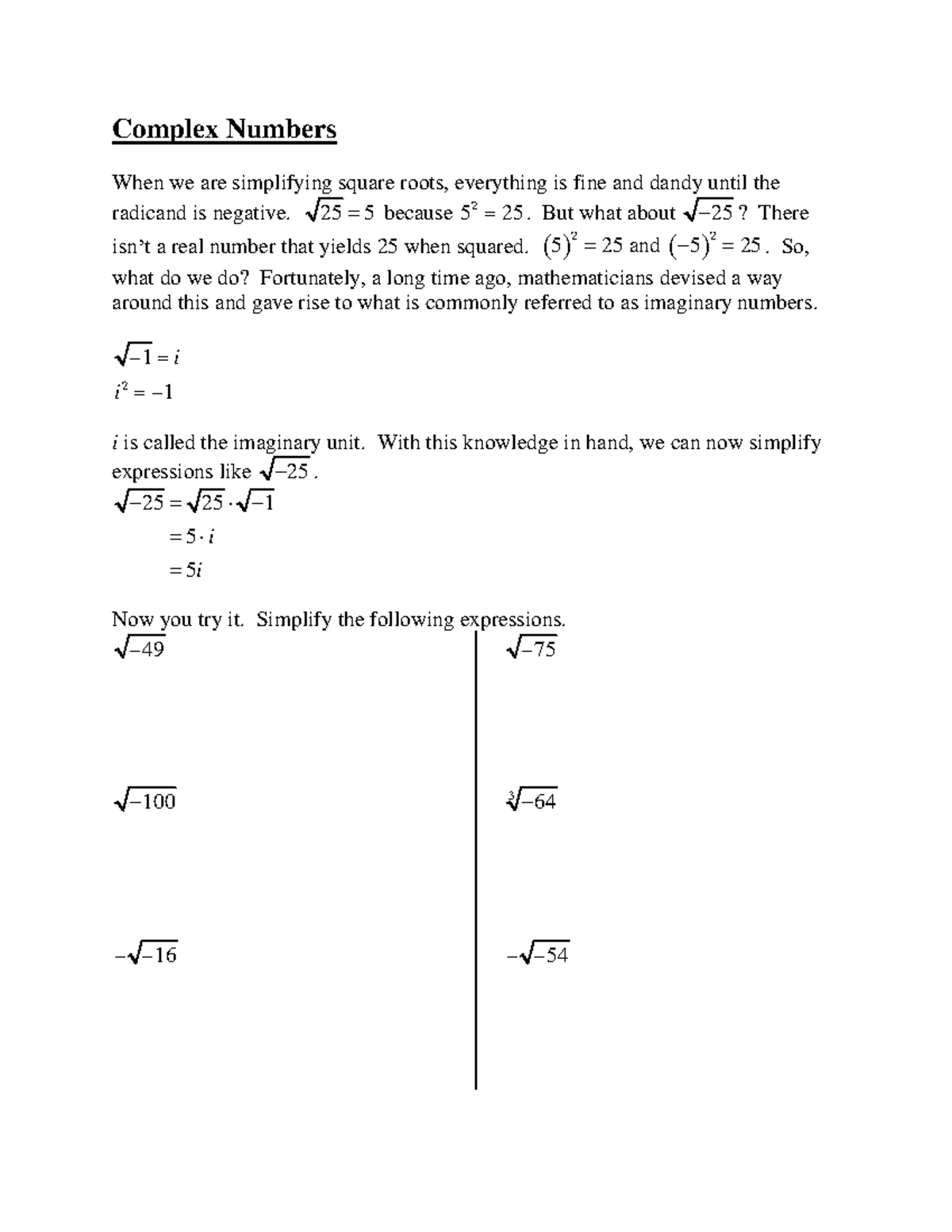 GN Complex Numbers - Practice on Imaginary Units and Operations - Studocu