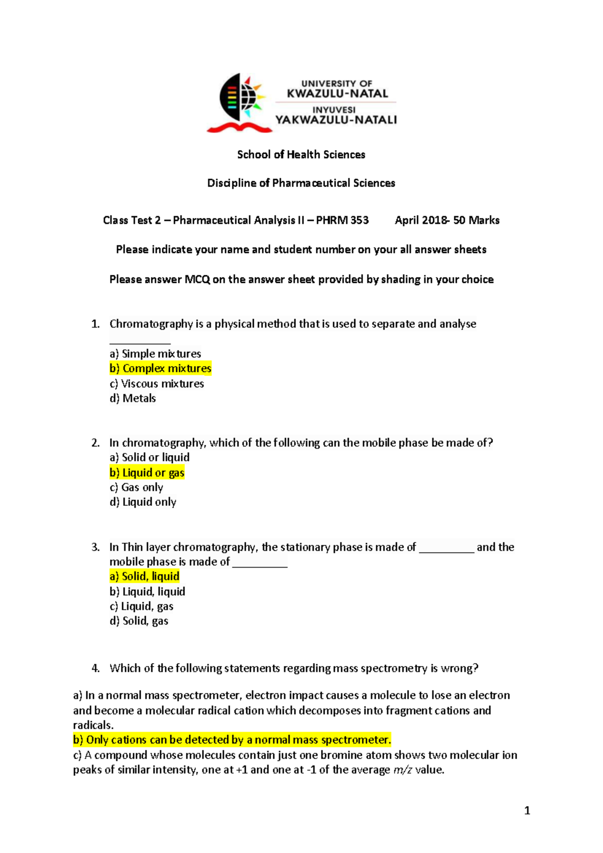 PHRM 353 Class Test 2: Pharmaceutical Analysis II Memo 2019 - Studocu
