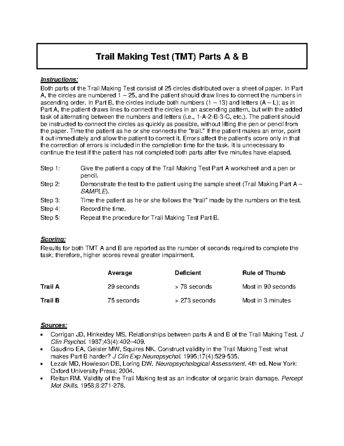 Instrucciones para el Test de Trail Making (TMT) A y B - Studocu
