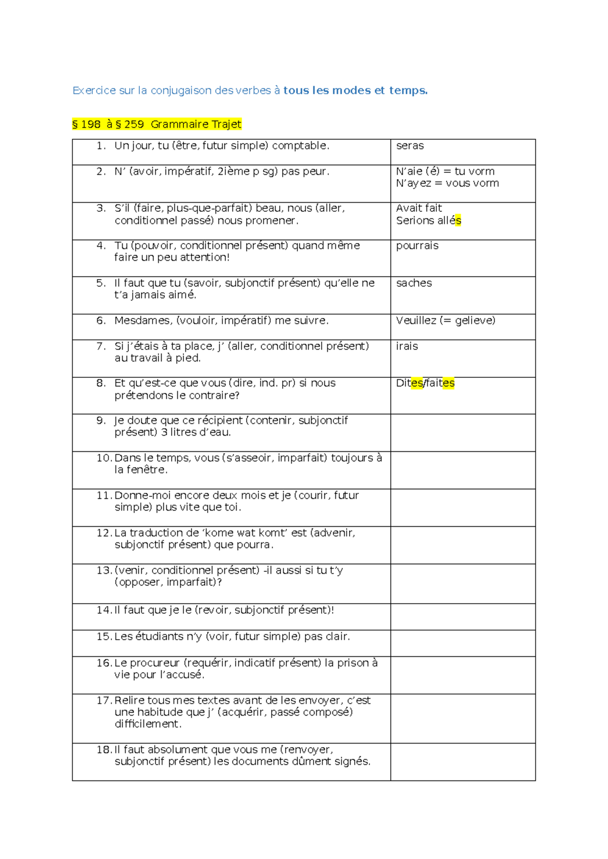 Exercice sur les verbes réguliers et irréguliers - Tous les temps - Studocu