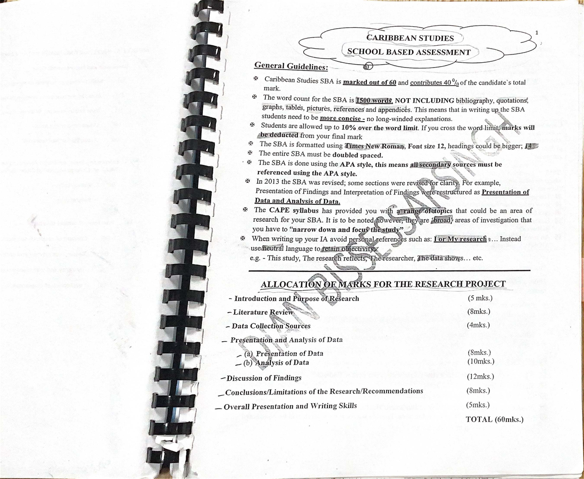 CAPE 1 Caribbean Studies SBA: General Guidelines & Marking Criteria ...