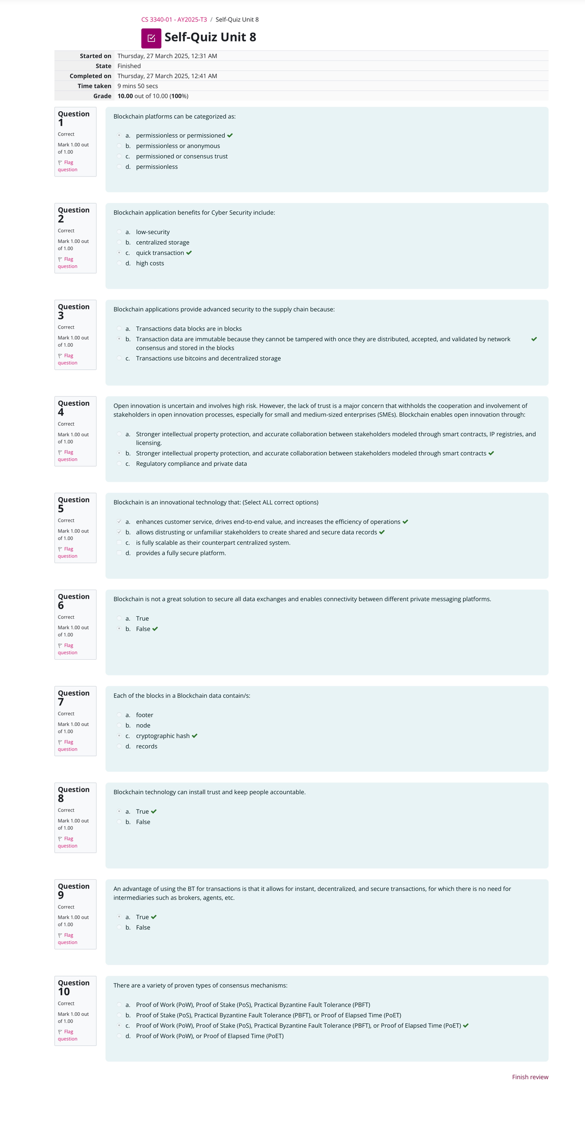 CS3340 - Unit 8 Self Quiz - CS Unit 8 Unit 8 Started on Thursday, 27 March 2025, 12:31 AM State ...