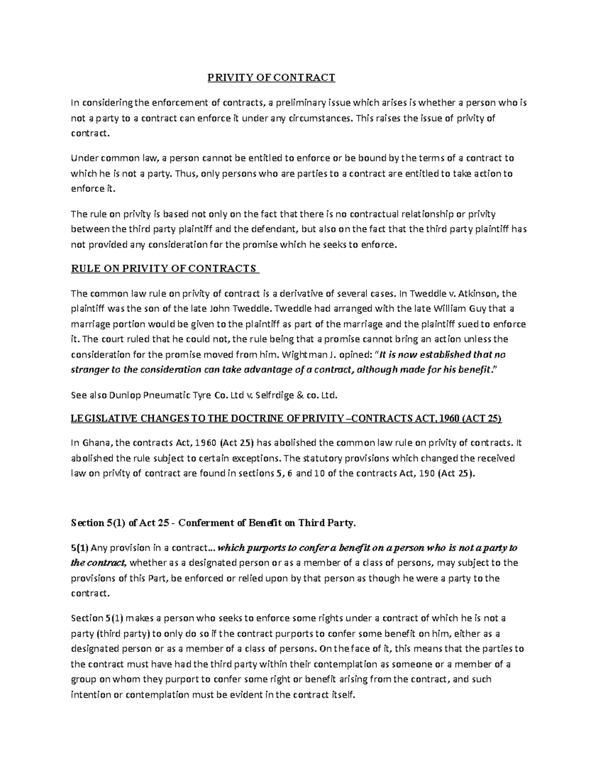 Contract Law Overview: Privity and Legislative Changes (LAW101) - Studocu