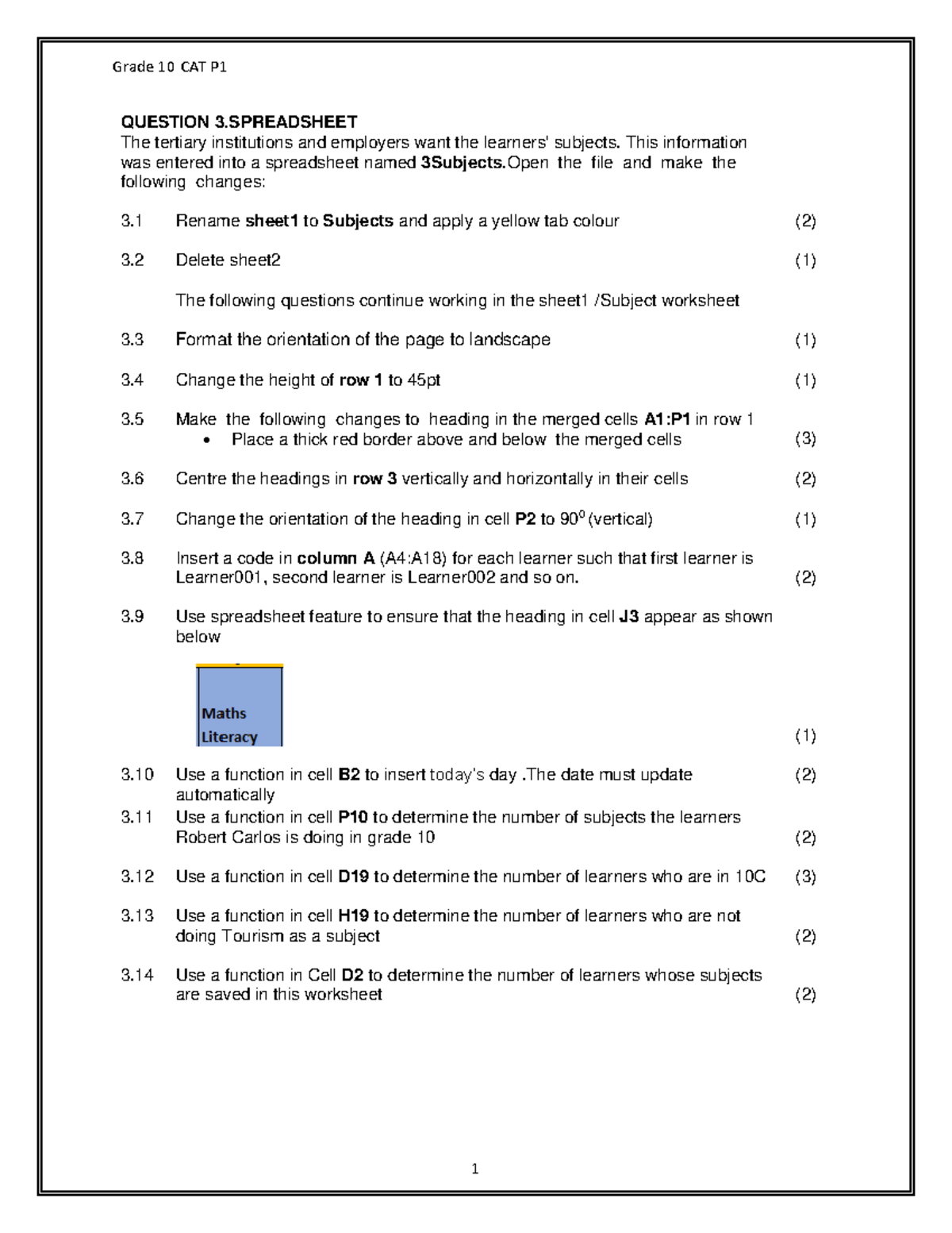 Grade 10 CAT P1 Spreadsheet Questions and Instructions - Studocu