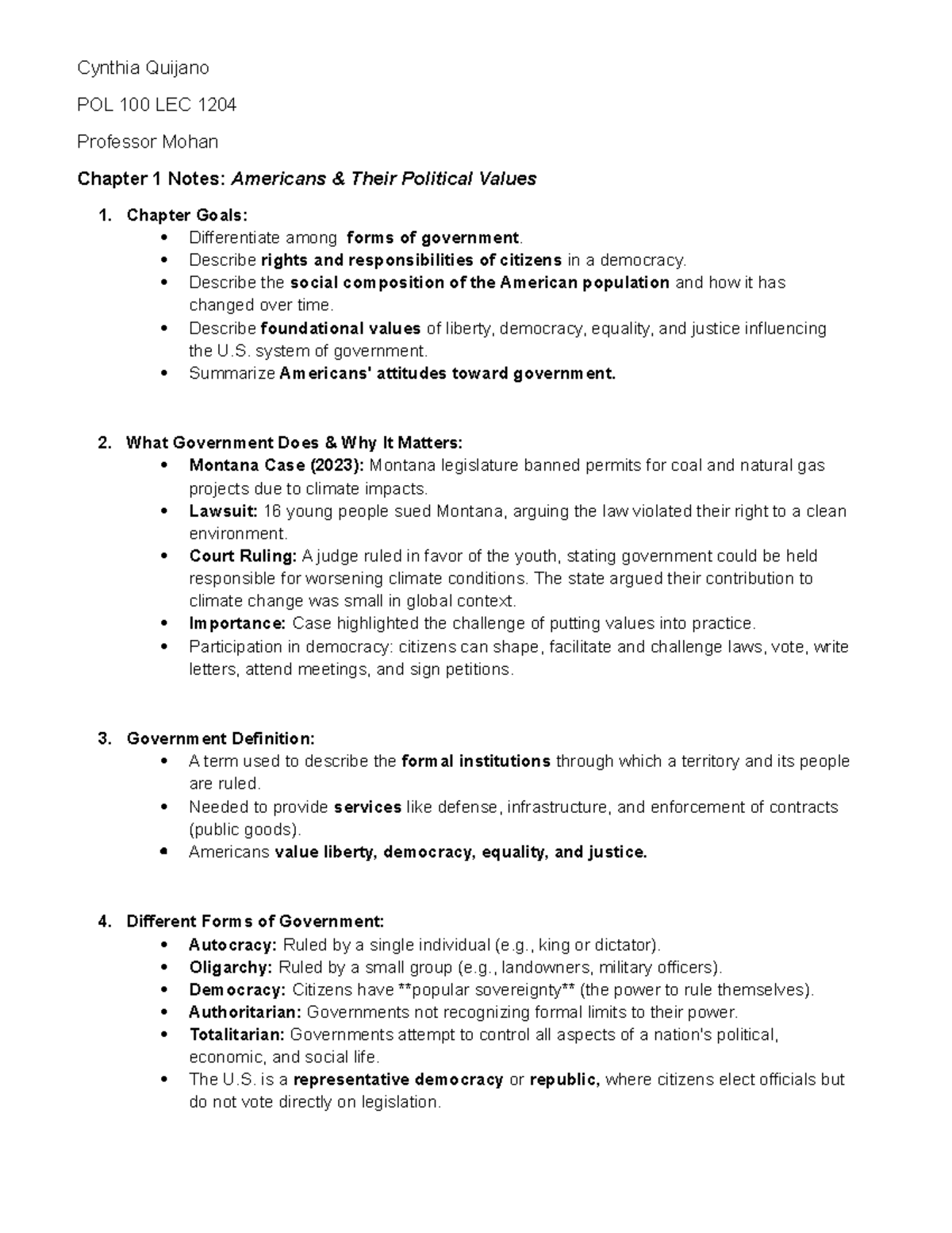 POL 100 LEC 1204: Chapter 1 Notes on American Political Values - Studocu