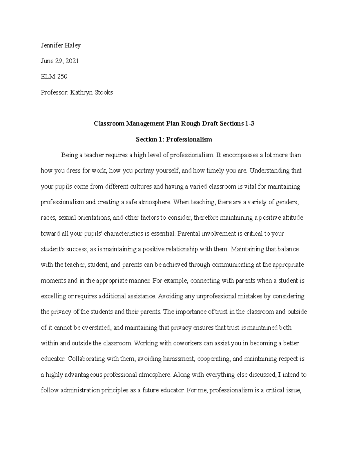 ELM 250 Classroom Management Plan Rough Draft: Sections 1-6 - Studocu