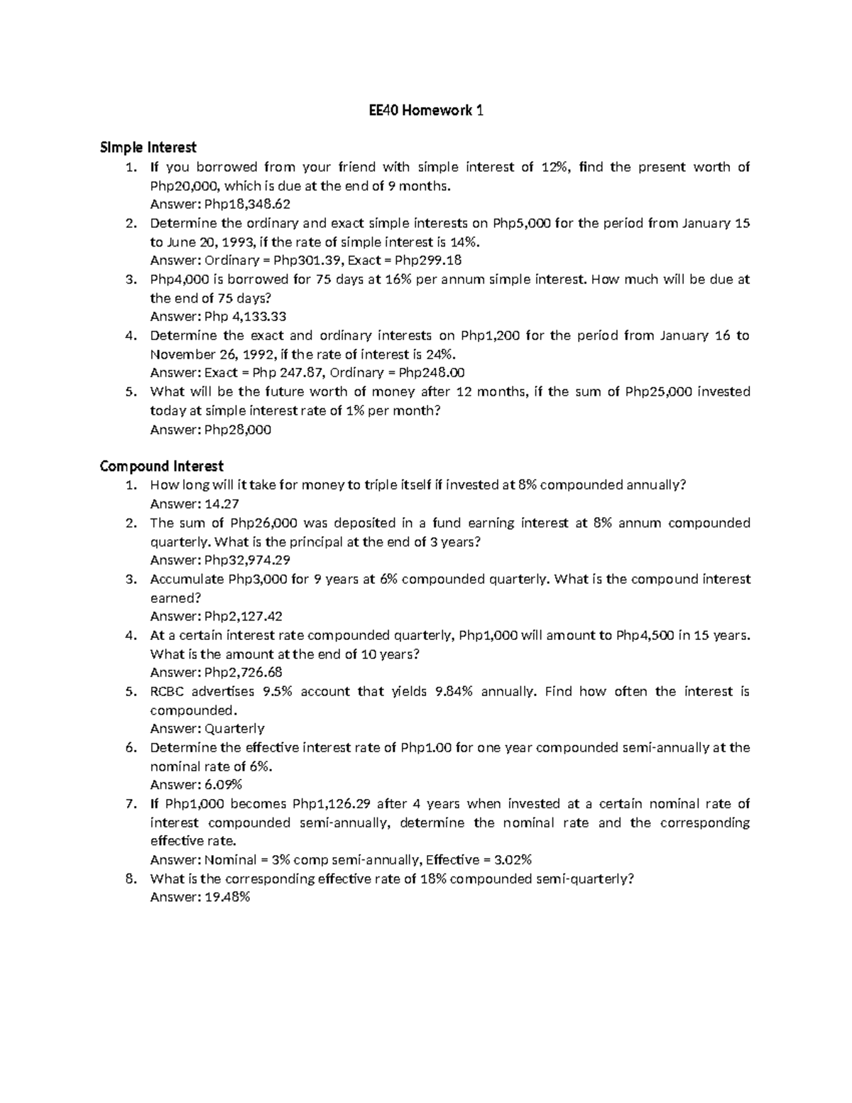 EE40 - Simple and Compound Interest Homework Review Notes - Studocu