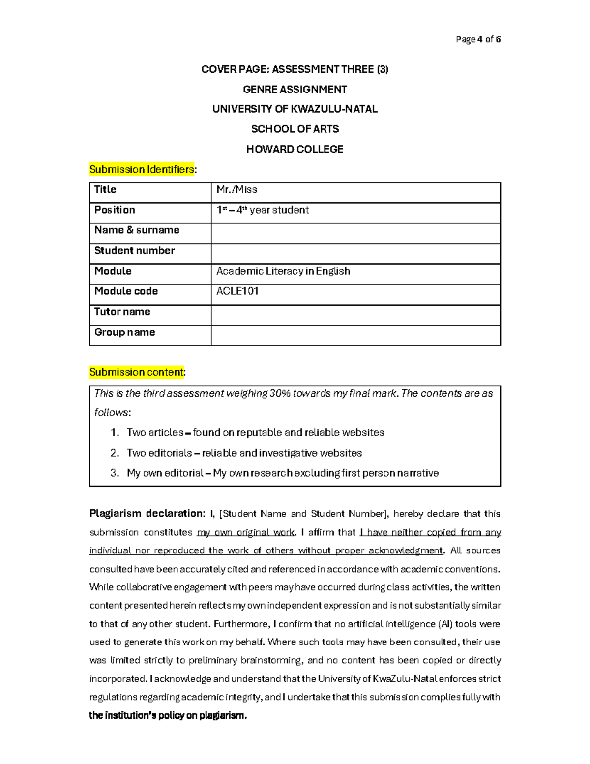ACLE101 Assessment 3: Genre Assignment Cover Page - Studocu