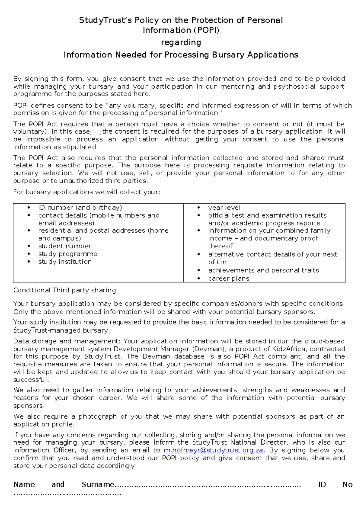 Study Trust POPI Consent Form for Bursary Applications - Studocu