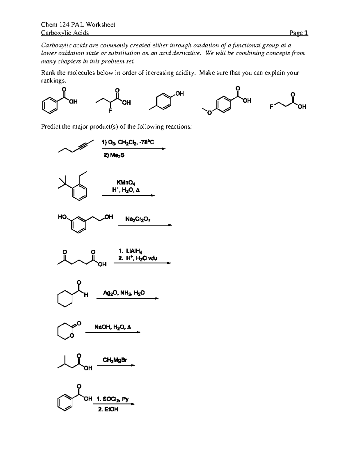 Chem 124 PAL Worksheet: Ranking Acidity of Carboxylic Acids - Studocu