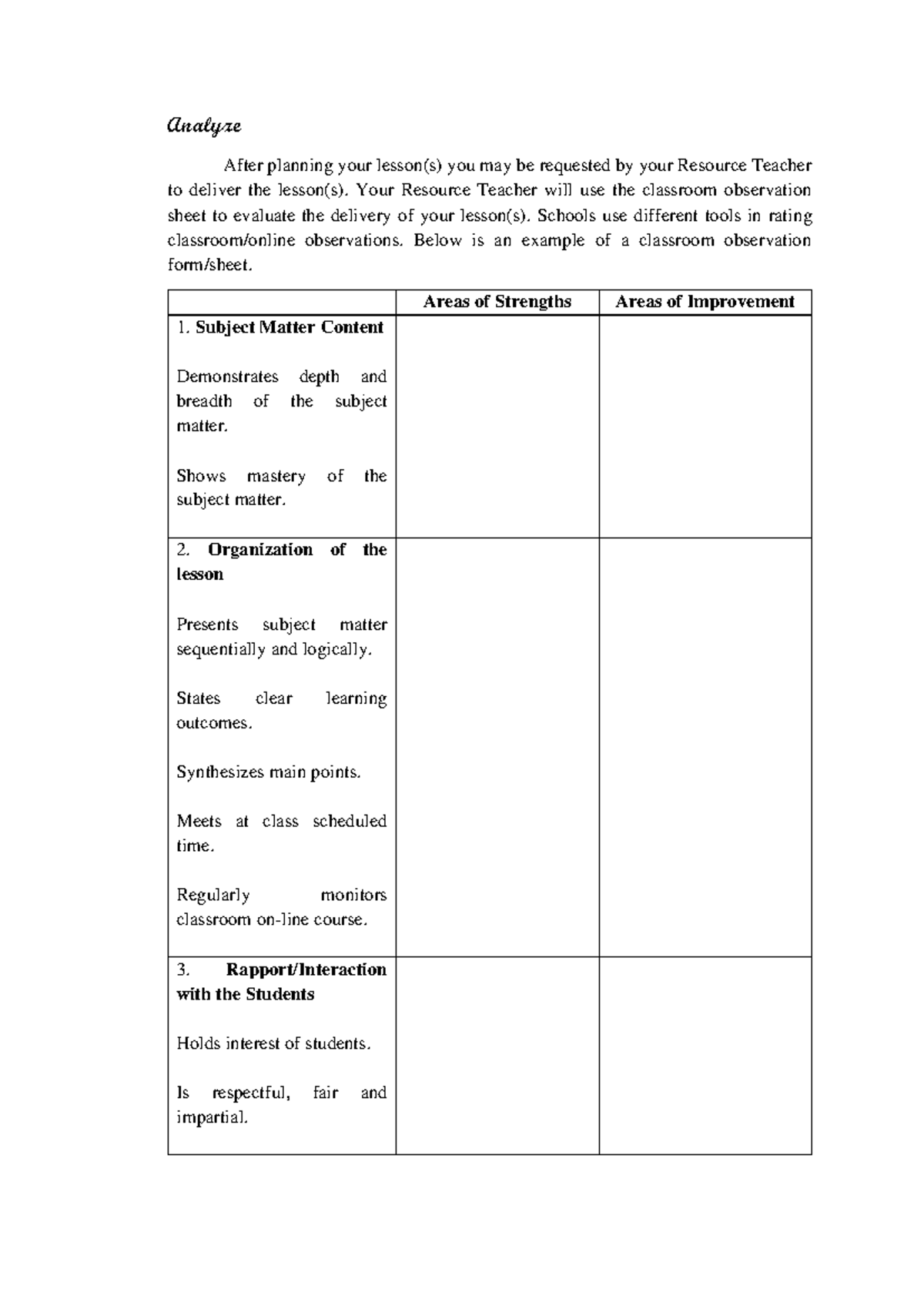 Analyze 064928 - Classroom Observation Evaluation Guide - Studocu