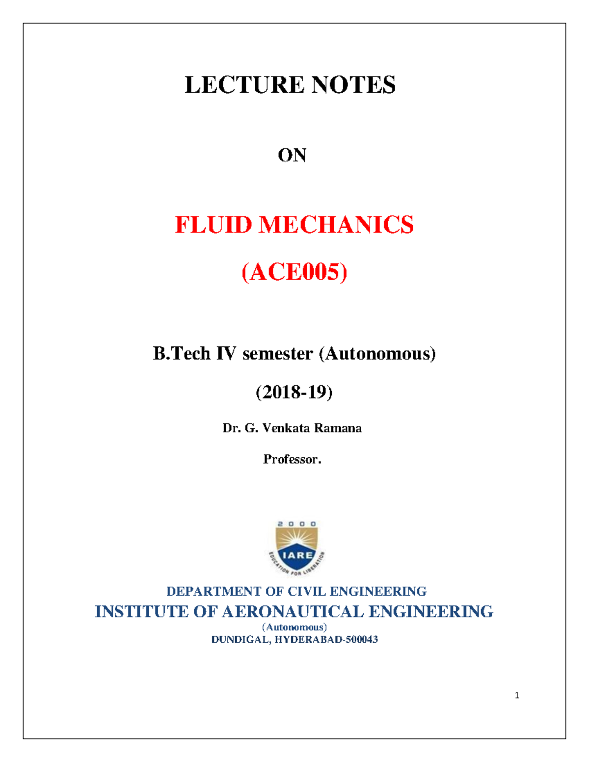 Fluid Mechanics Lecture Notes (ACE005) - B.Tech IV Sem - Studocu