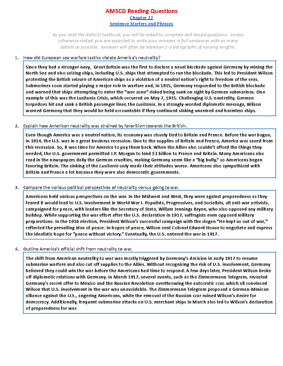 AMSCO Reading Questions: Chapter 22 Analysis and Insights - Studocu