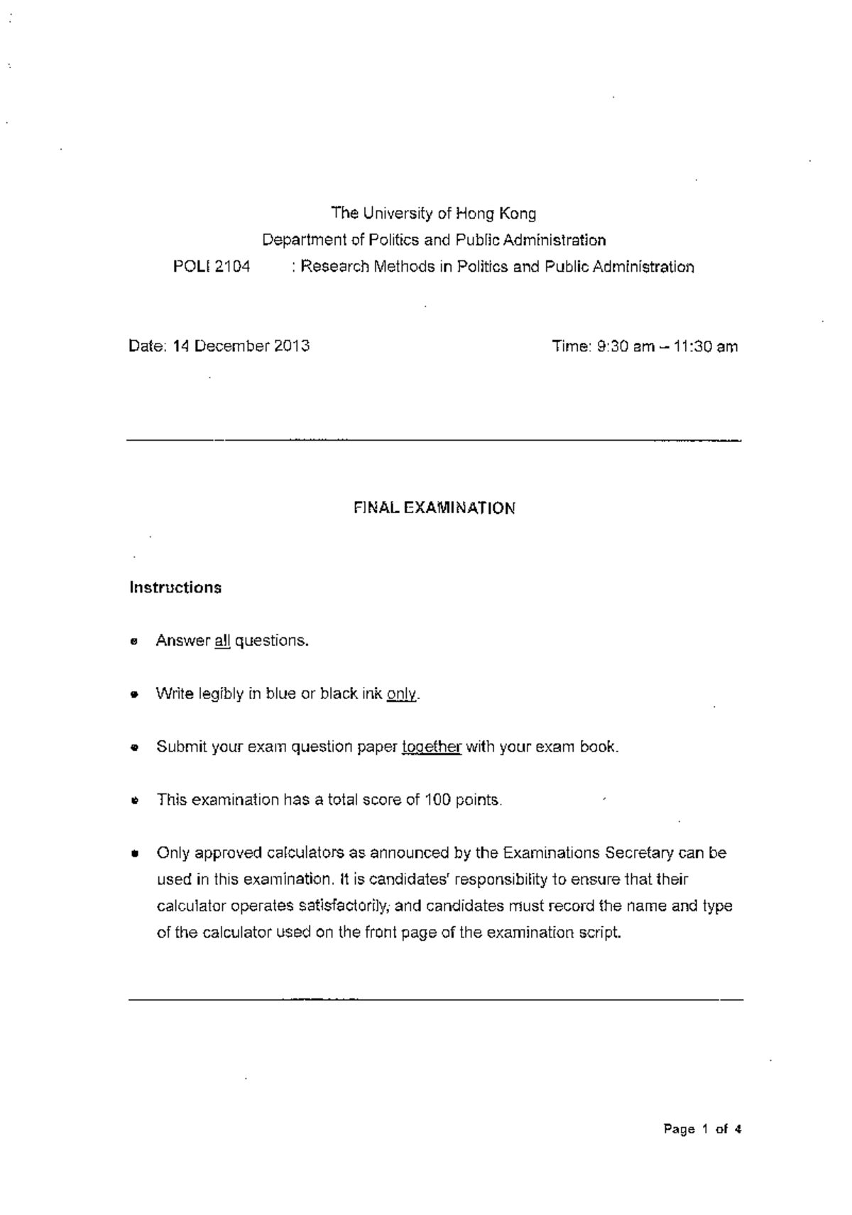 POLI 2104: Final Exam Past Paper - Research Methods in Politics - Studocu