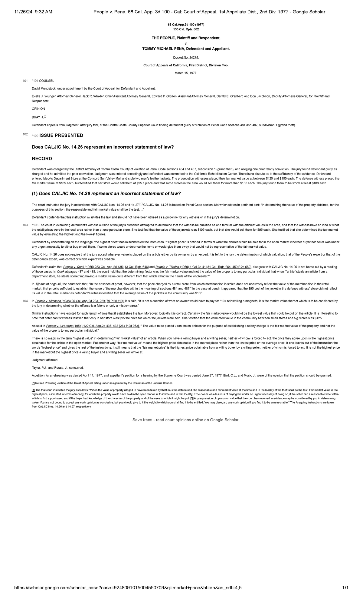 People v. Pena: Legal Opinion Analysis on CALJIC No. 14 (1977) - Studocu