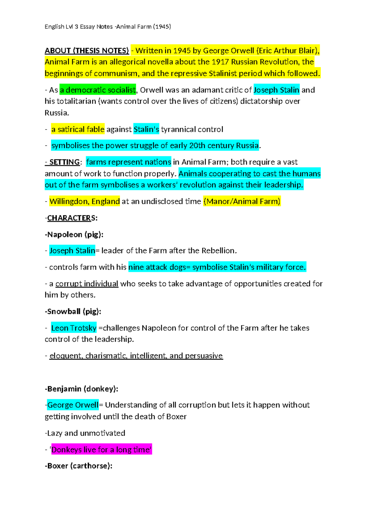 English Lvl 3 Essay Notes on Animal Farm (George Orwell) Analysis - Studocu