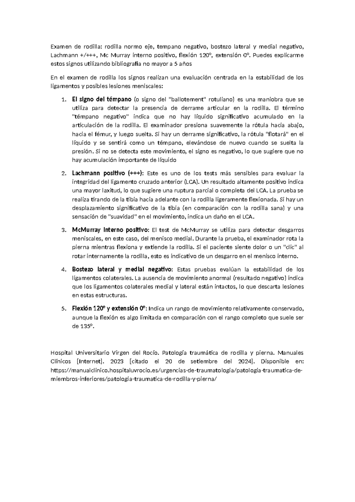 Examen de Rodilla: Signos Clínicos y Evaluación Funcional - Studocu