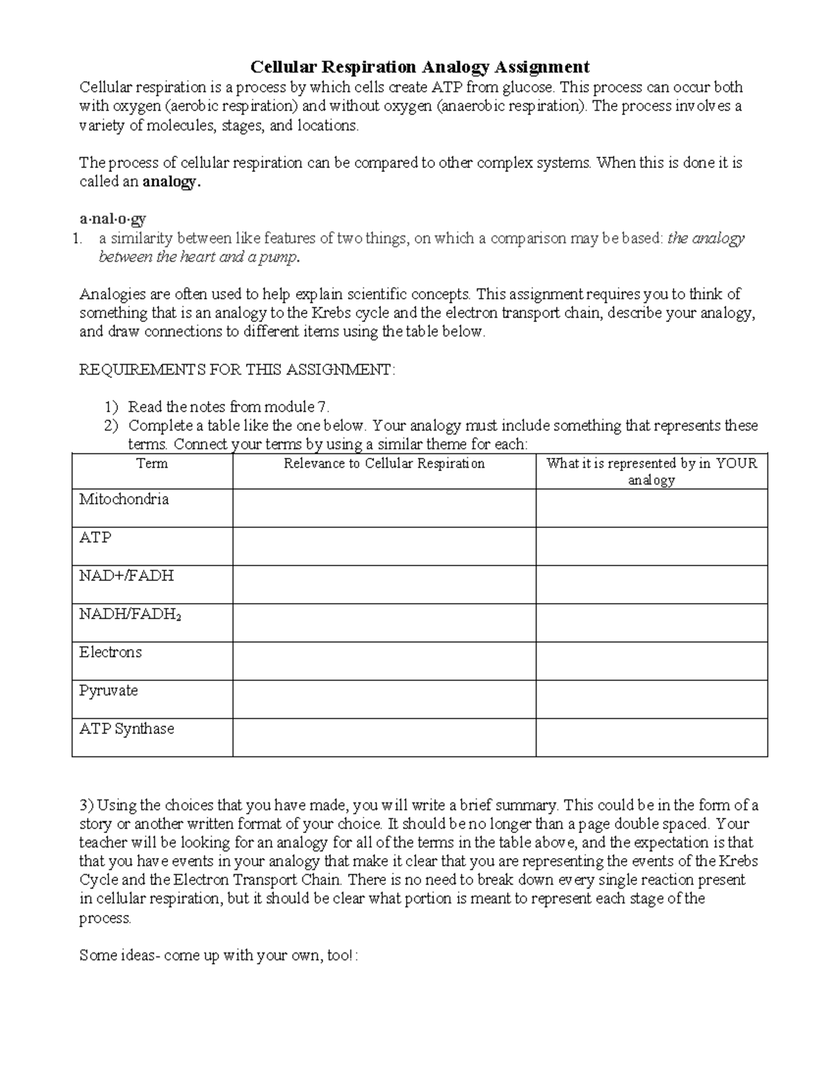 SBI4U1 Cellular Respiration Analogy Assignment: Krebs Cycle & ETC - Studocu