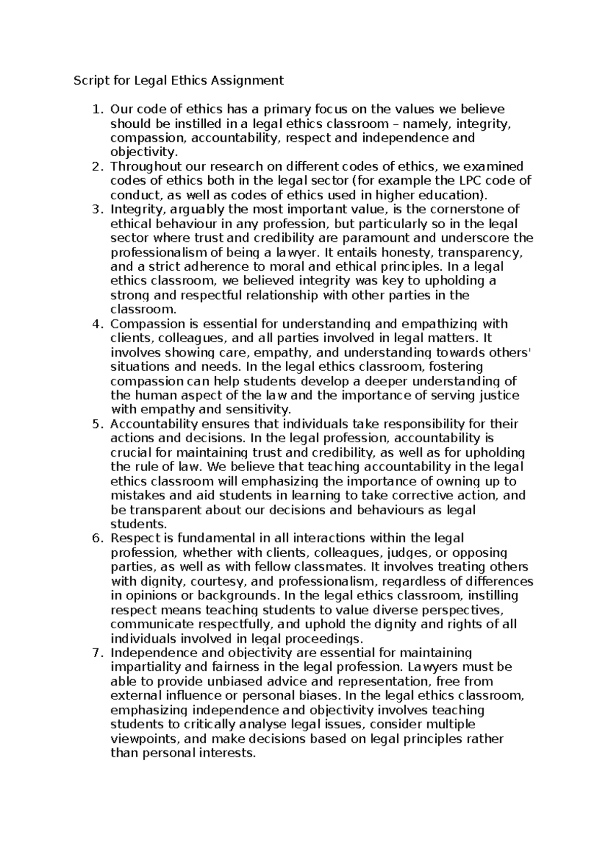 Legal Ethics Assignment: Core Values and Addressing Misconduct - Studocu