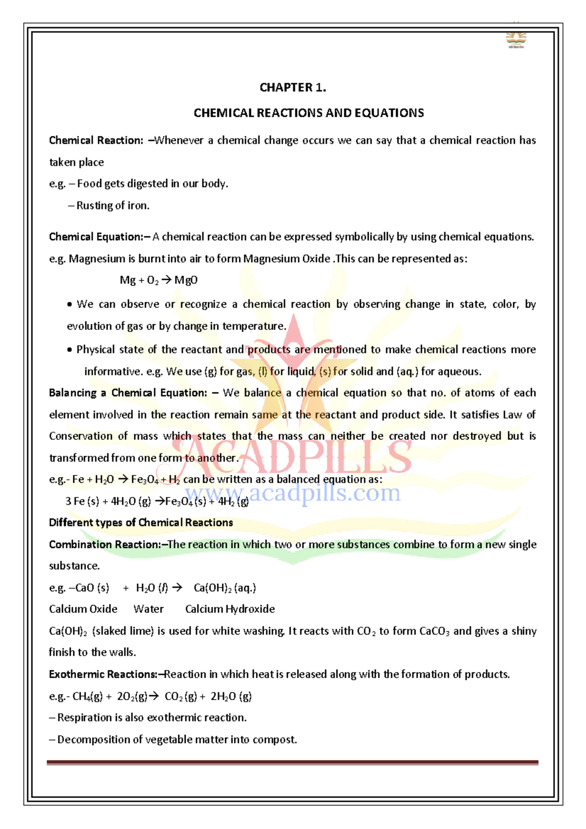 CHAPTER 1 & 2: CHEMICAL REACTIONS, ACIDS, BASES & SALTS - NCERT Notes ...