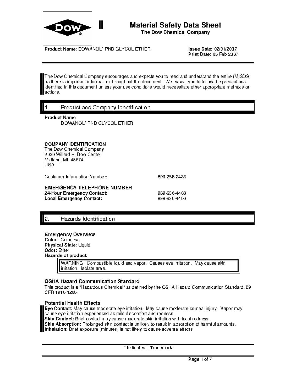 Dowanol PNB MSDS - Product Name: DOWANOL* PNB GLYCOL ETHER Issue Date ...
