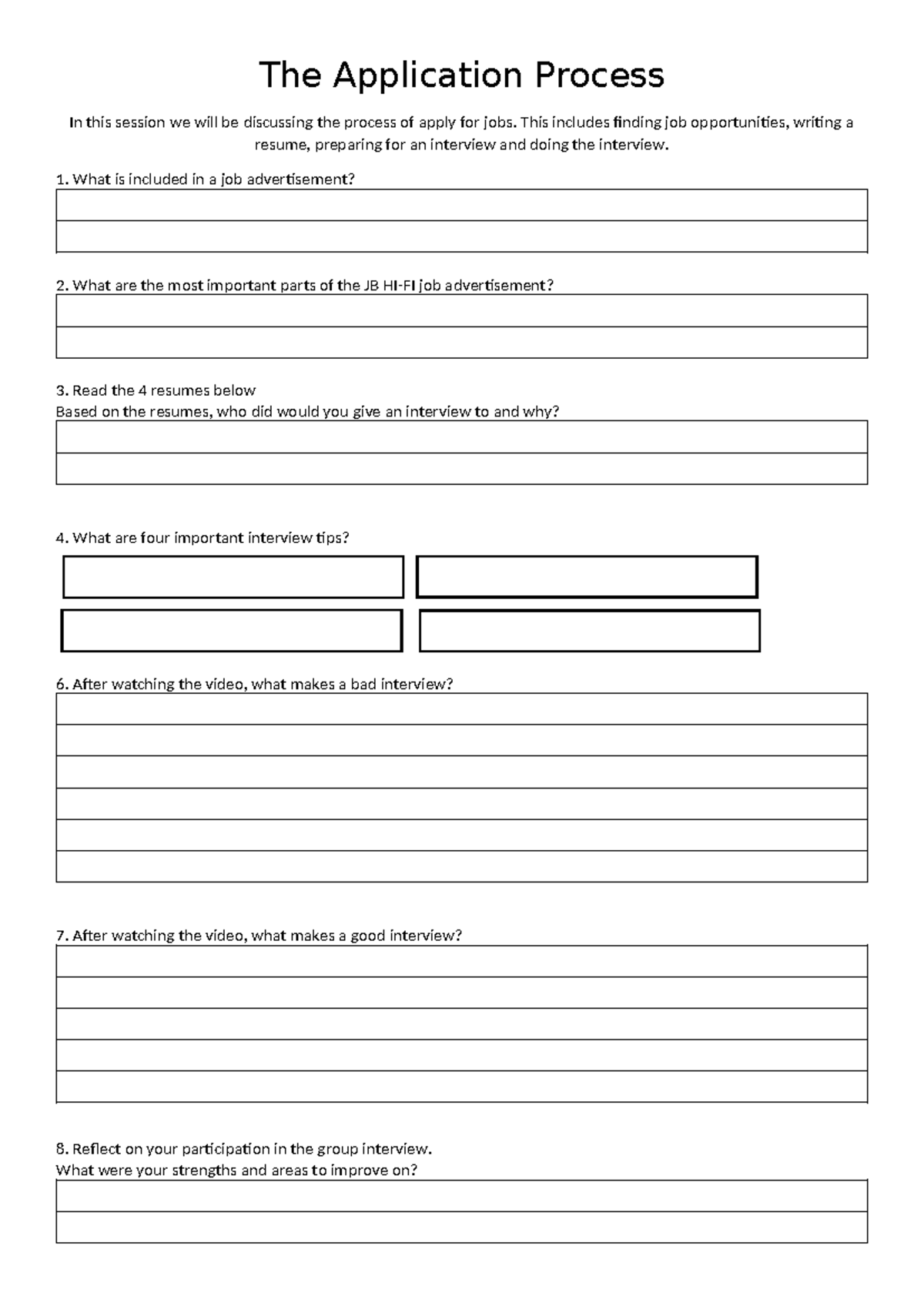 Job Application Process Worksheet: Tips & Mock Interview Guide - Studocu