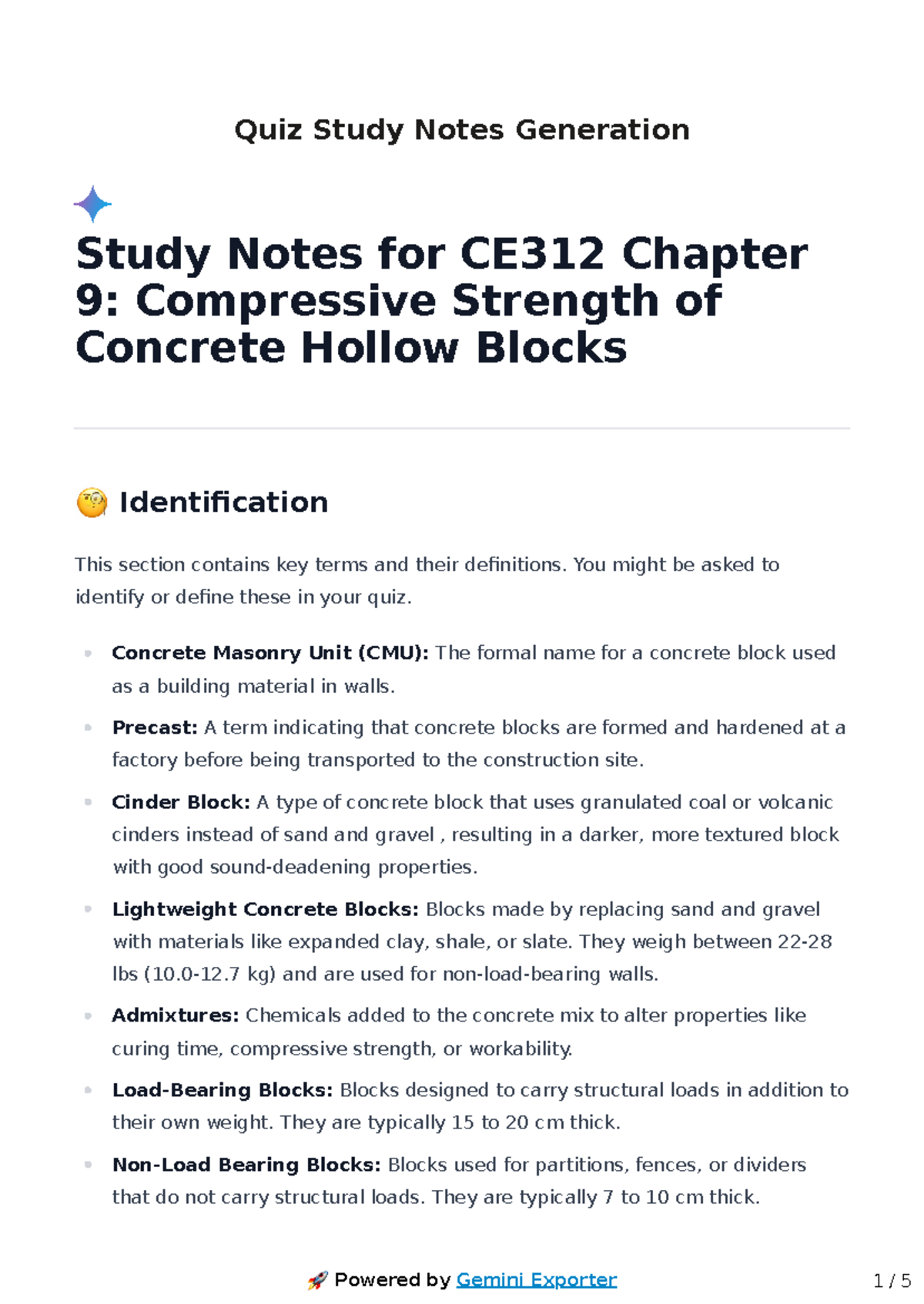 CE312 Quiz Study Notes: Compressive Strength of Concrete Blocks - Studocu