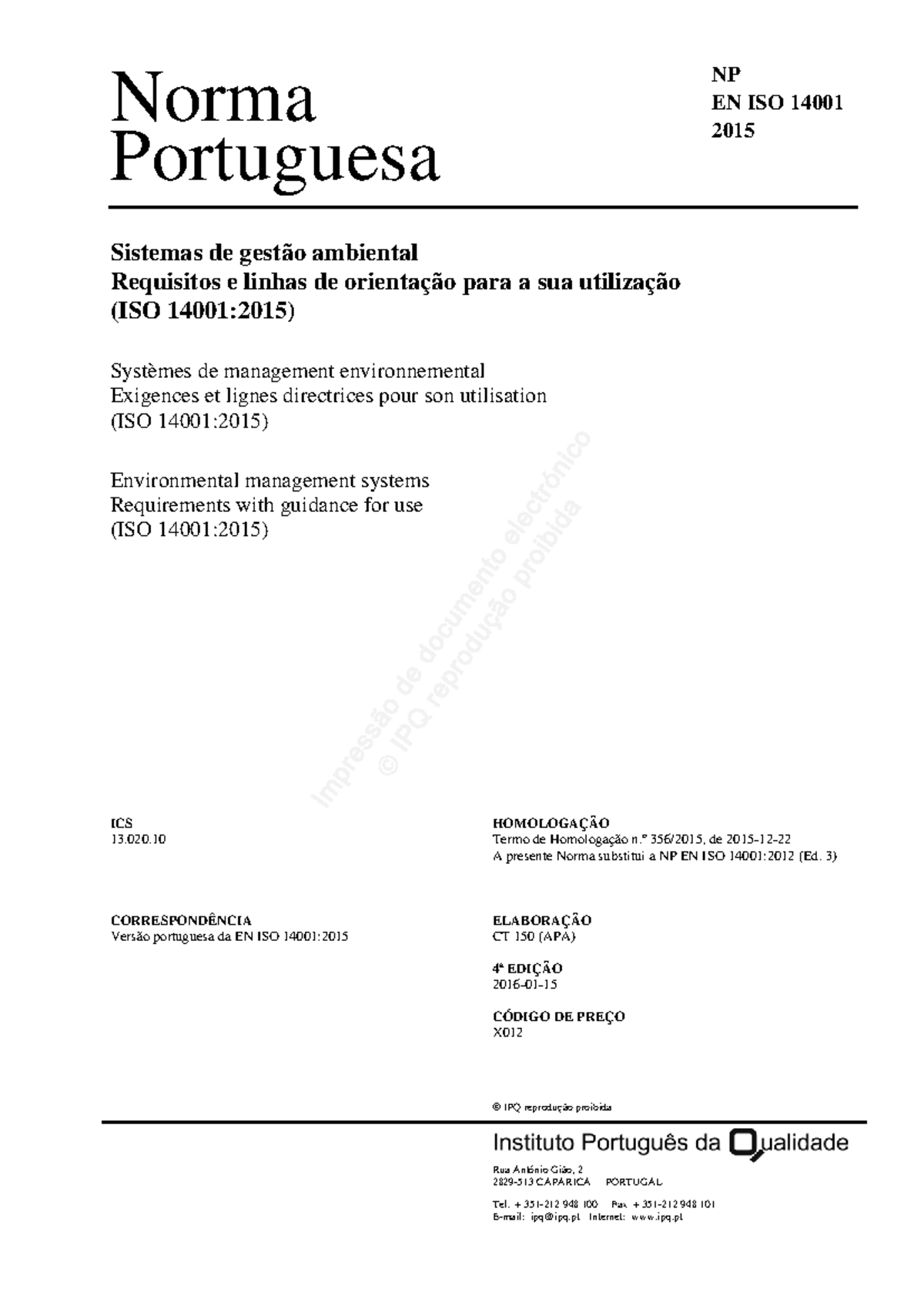 NP EN ISO 14001:2015 - Sistema de Gestão Ambiental e Requisitos - Studocu