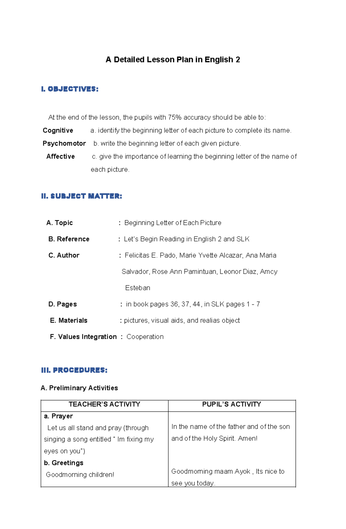 Detailed Lesson Plan: Beginning Letters in English 2 - Studocu